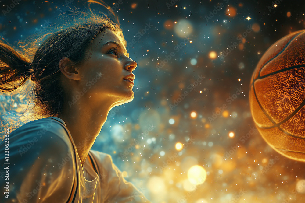 basketball female player in the space. Woman dribbling with a ball in ...