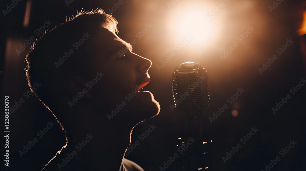 A Male Singer Solo Singing in Front of a Microphone with a Dark ...