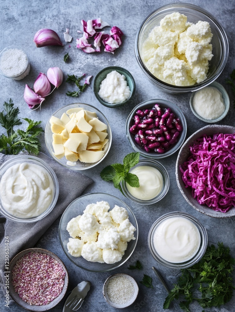 Various food items including sour cream, cheese, cottage cheese ...