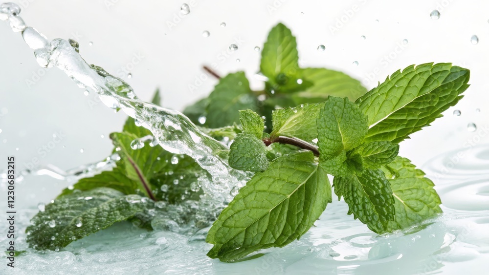 Refreshing mint leaves splashing in water. A vibrant image showcasing ...
