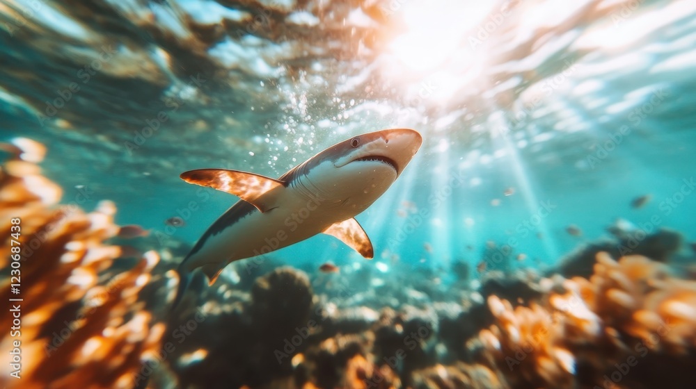 This beautiful image captures a shark gracefully swimming amidst ...