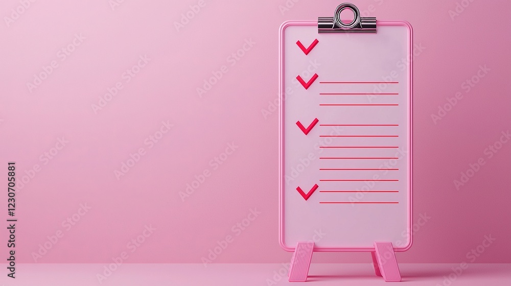 SEO keywords and conversion. Pink checklist with checkmarks on a pastel ...