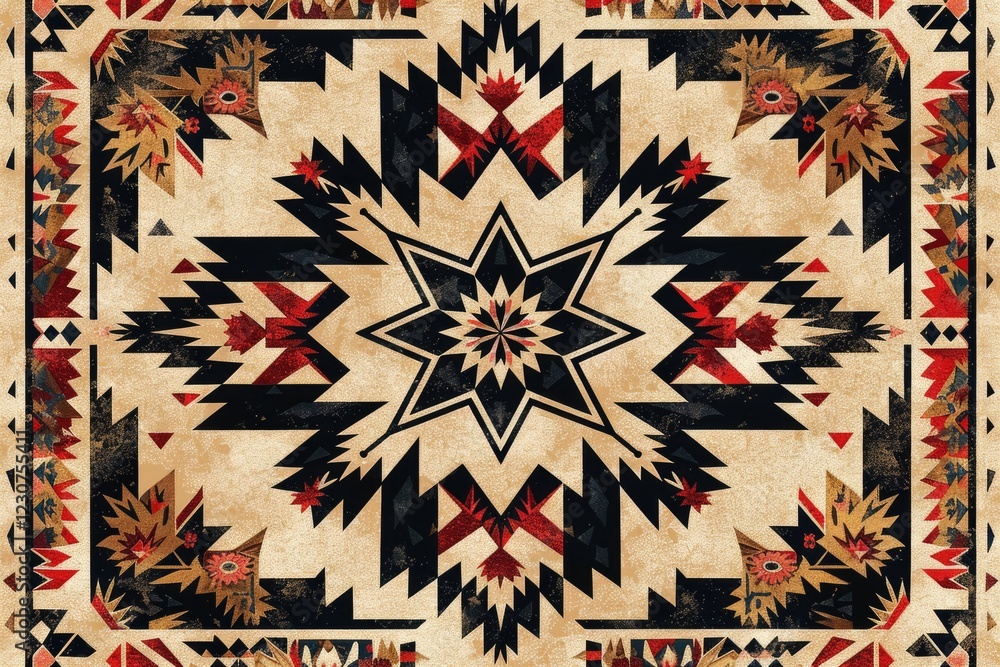 Geometric Native American-inspired design with a central star and red ...