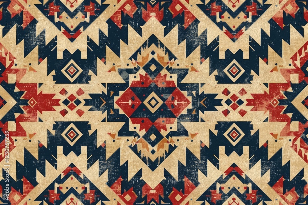 Geometric Native American inspired textile design with red, beige, and ...