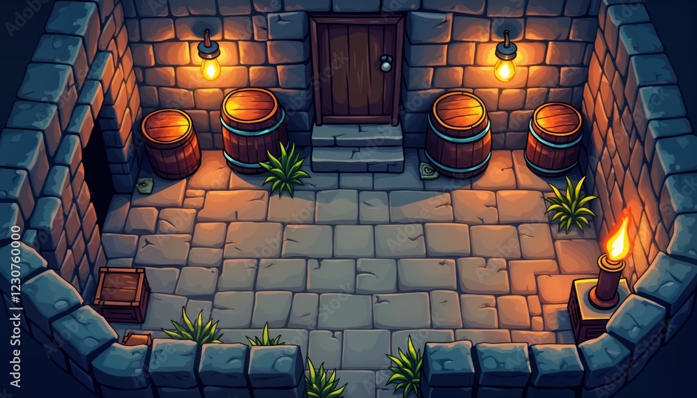 Pixel art dungeon room shows stone floor tiles. Barrels, crates placed ...