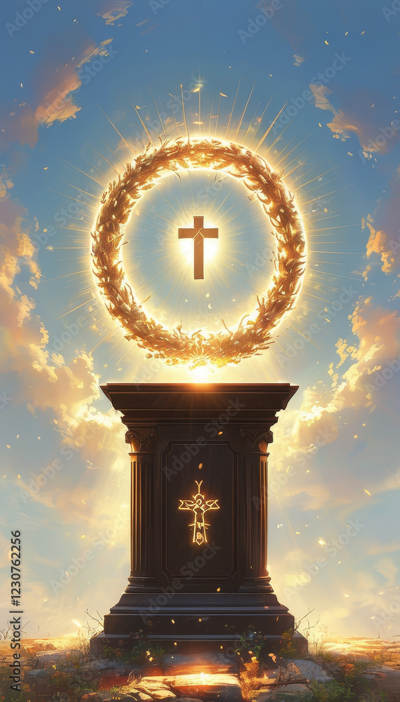 Easter themed product display podium background, Sacred light glow ...