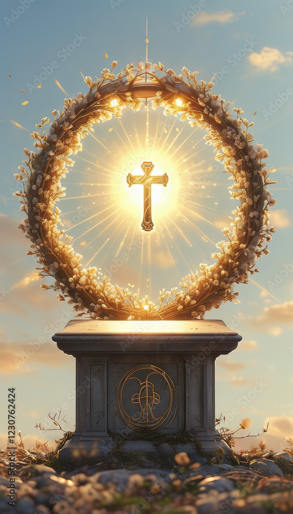 Easter themed product display podium background, Sacred light glow ...