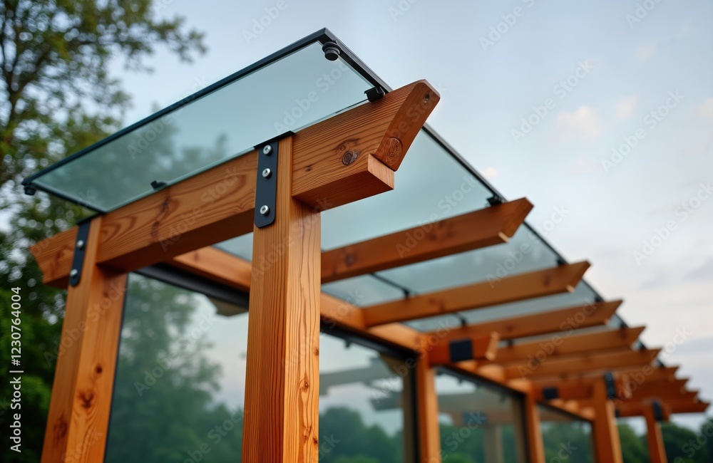 Foto de Stock Modern wooden bus shelter. Gazebo style pergola structure ...