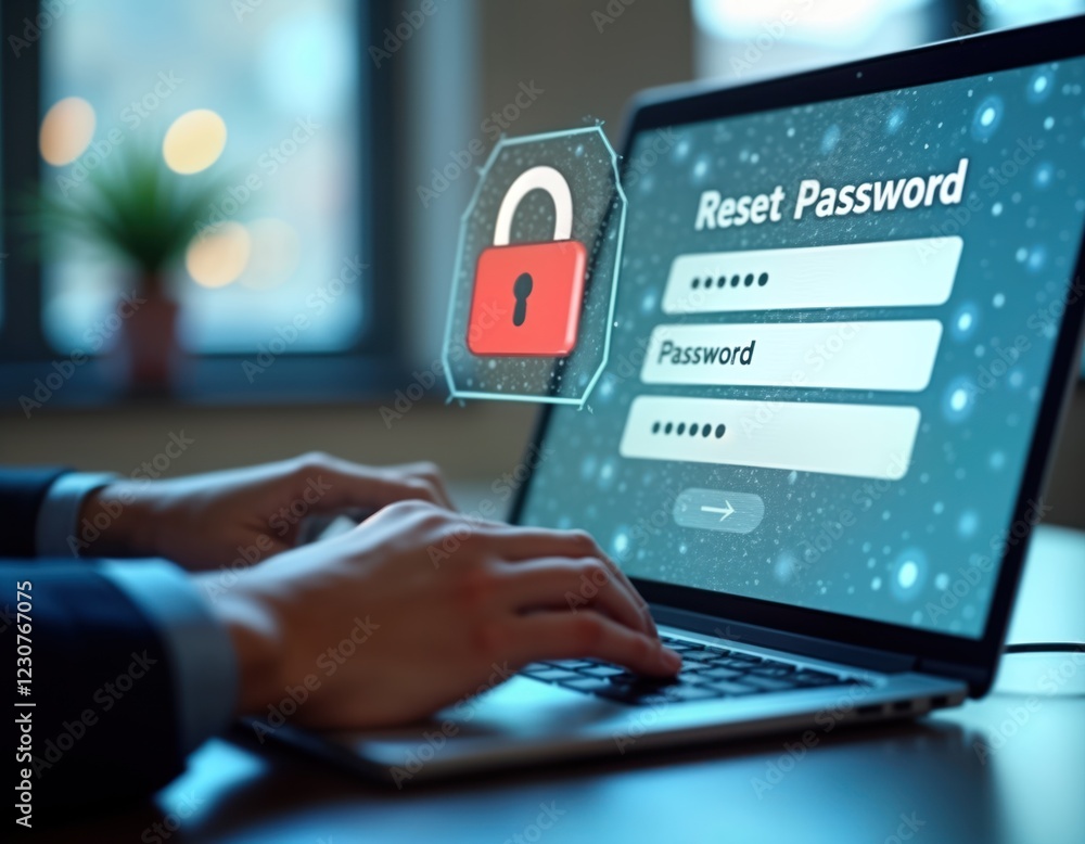 Business person uses laptop to reset password. Security code displayed on screen. Cybersecurity ...