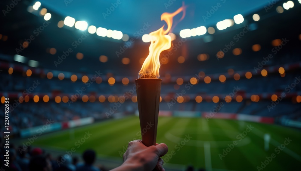 Hand holds Olympic torch with burning flames against night stadium. Sport event at stadium ...