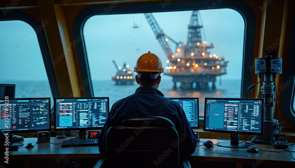 Engineer works in control room offshore oil platform. Monitors multiple ...