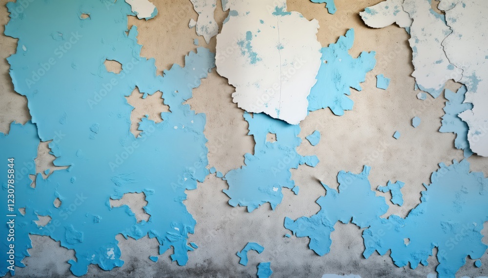 Weathered wall shows peeling blue, white paint revealing rough surface ...