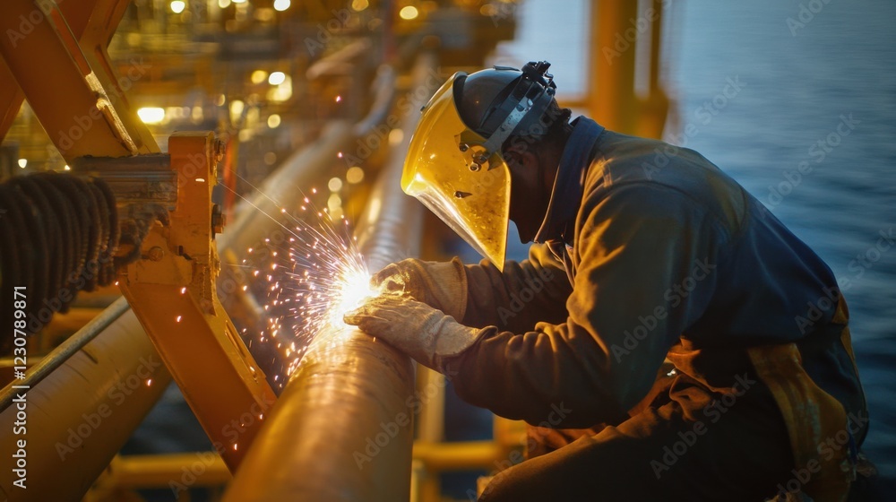 A focused shot of a welder performing pipe welding on offshore oil rig ...