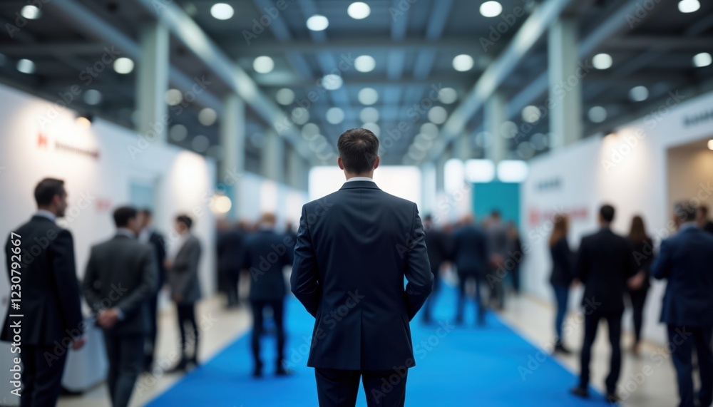 Business people walk in exhibition hall. Busy event with lots of ...