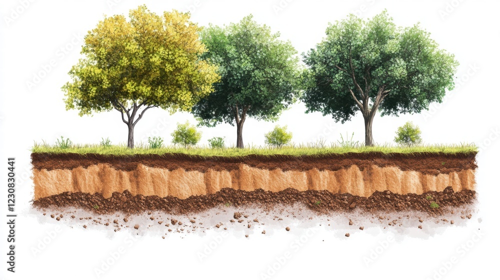 Layered Cross-section of Soil with Vibrant Trees Above Ground Stock ...