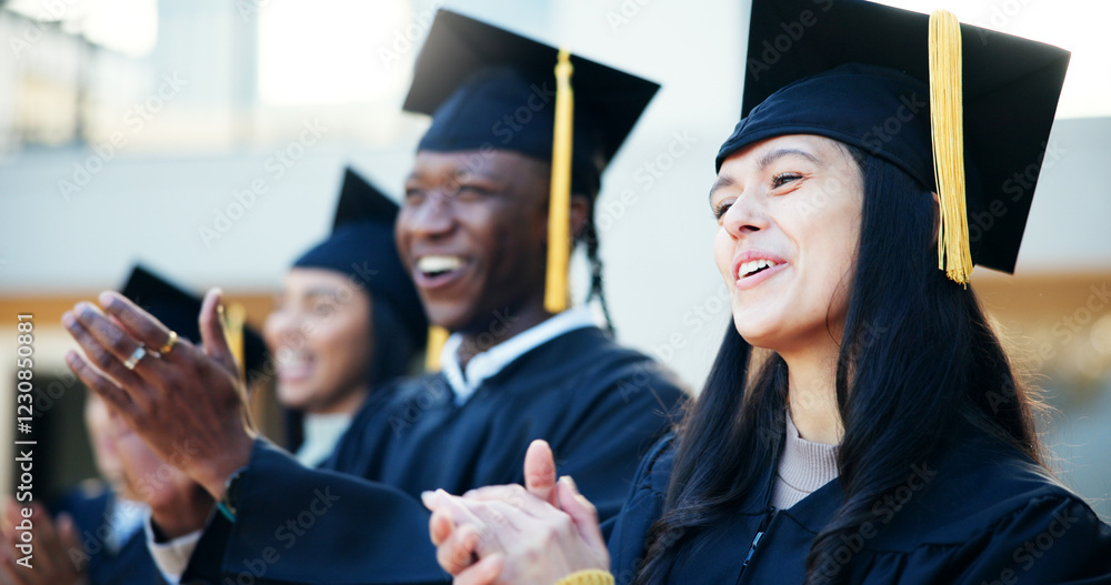 Smile, woman and students for applause of graduation ceremony, class ...