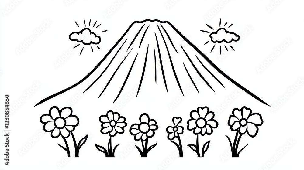 A coloring page showing Mount Fuji under a sunny sky, with a floral ...
