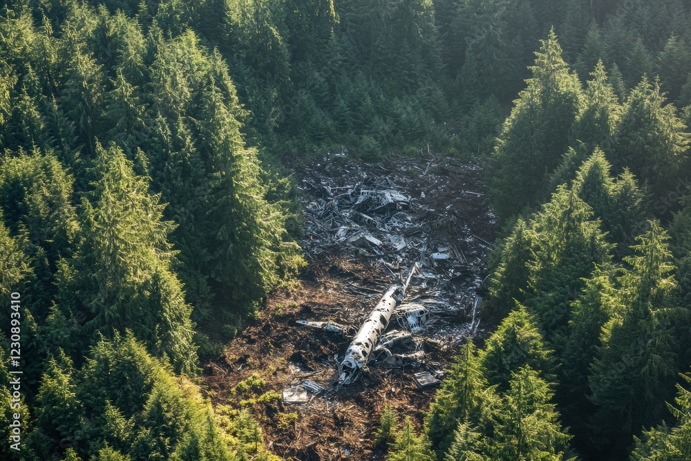 Wreckage scattered in a dense forest reveals the aftermath of an aerial ...