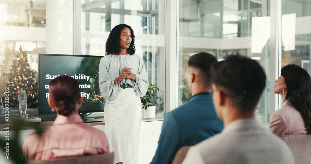 Presentation, audience and screen with businesswoman in office, project ...