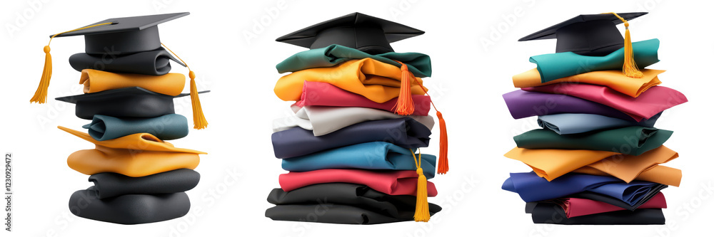 Student memories of graduation ceremony concept. Graduation caps atop ...