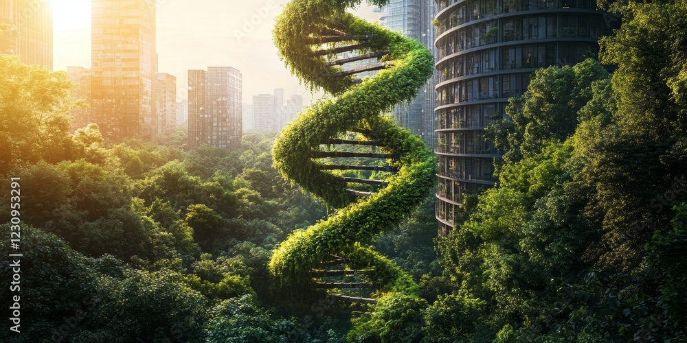 Green DNA structure intertwines with modern architecture in a ...