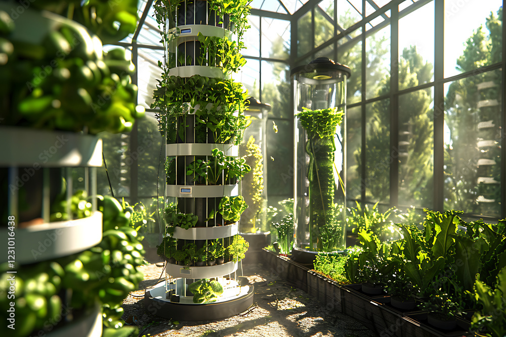 Foto de Stock vertical farming technology, growing lettuce in hydroponic towers next to a ...