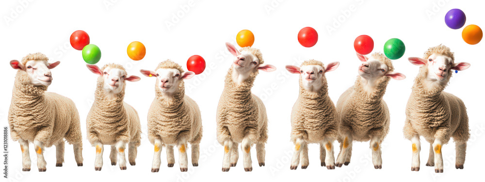 Group of sheep juggling colorful balls, showcasing playful and ...