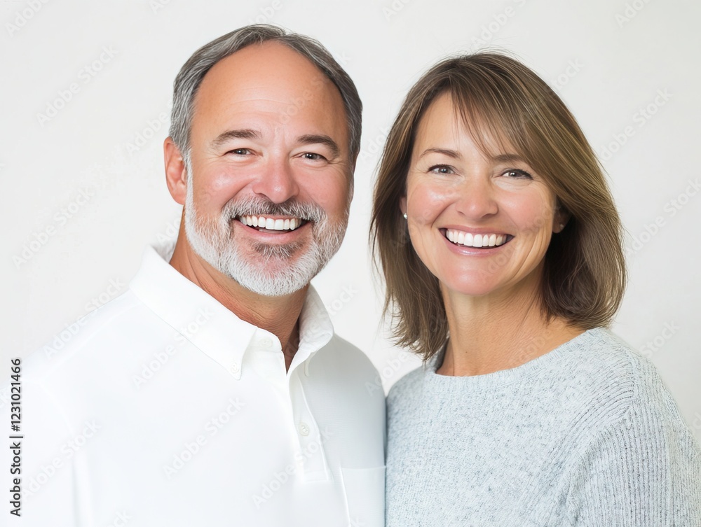 Embracing middle-aged couple with genuine smiles, close-up portrait ...