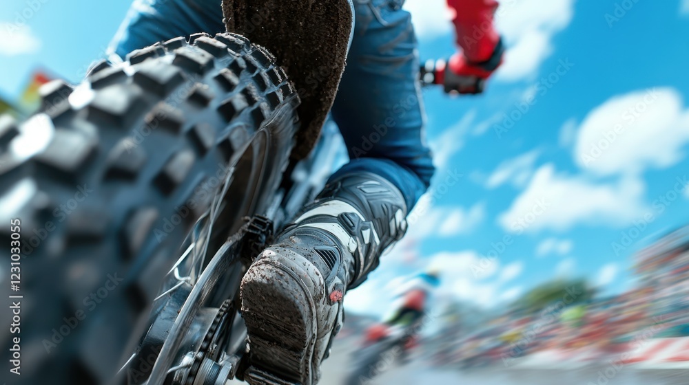 Rider leans into the sharp turn on a racing circuit with intense focus ...