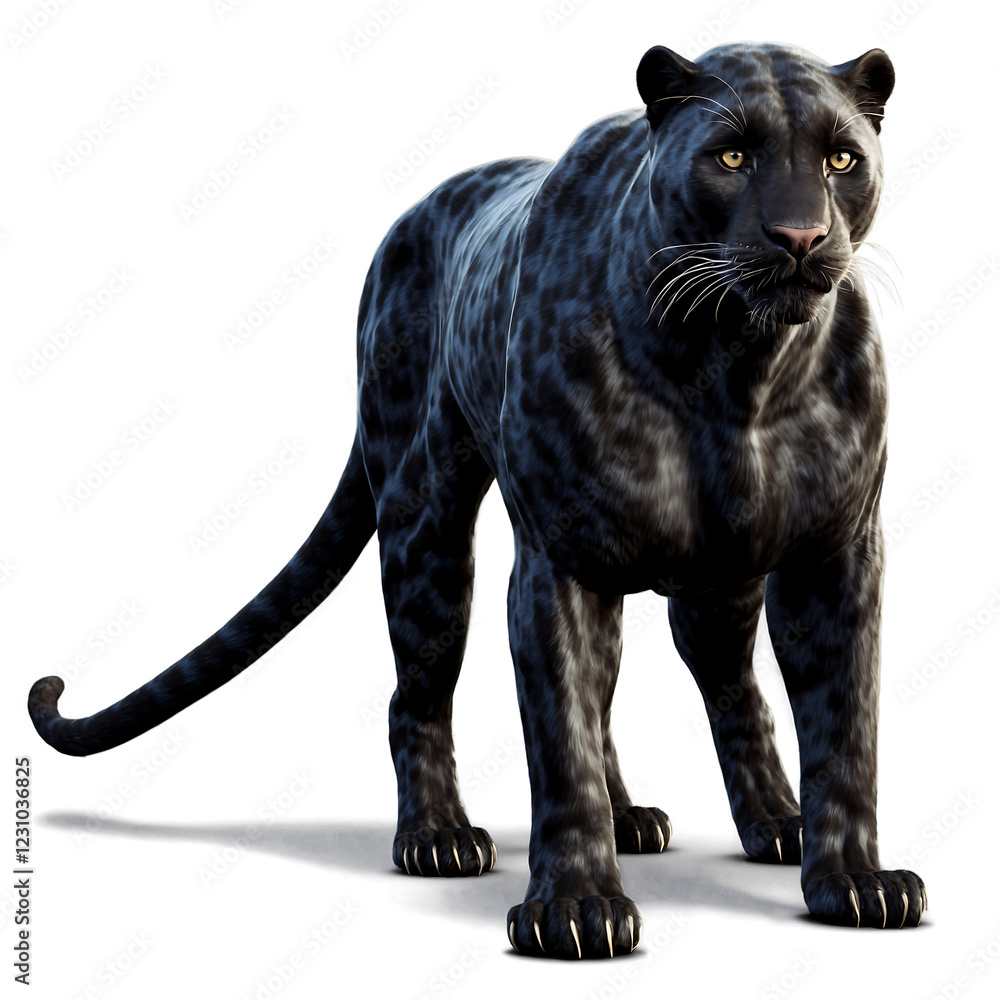 Black panther standing with muscular build and shiny fur isolated on a ...