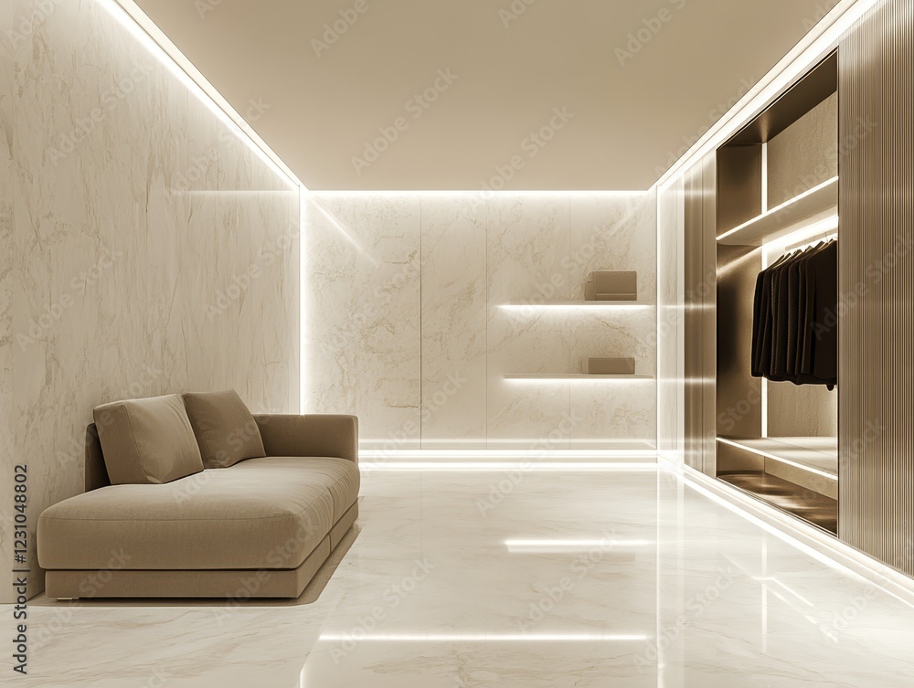 Modern minimalist walk-in closet with beige sofa and marble walls ...
