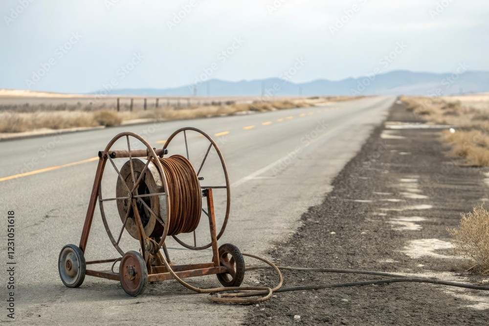 Rusted metal hose reel trolley with wheels rolling on a deserted road ...