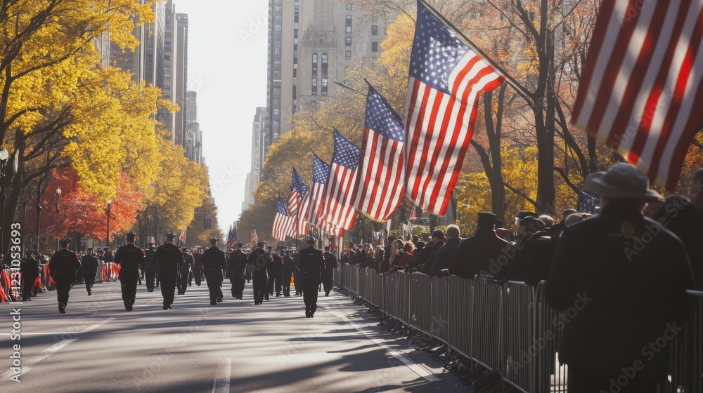 Veterans Day parade with flags and salutes. Featuring veterans marching ...