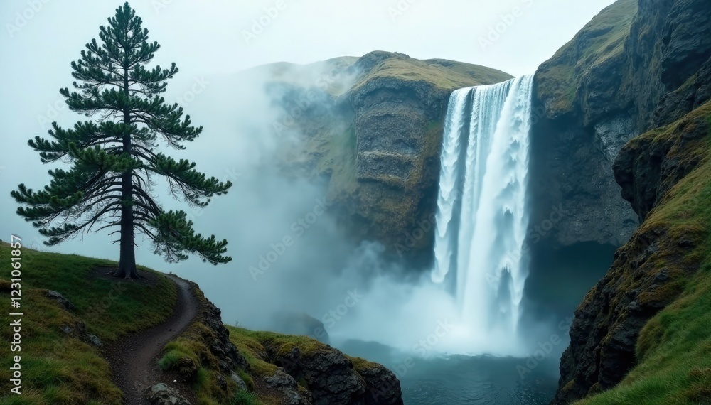 Misty pine tree blends into cliff backdrop as waterfall flows, scenery ...