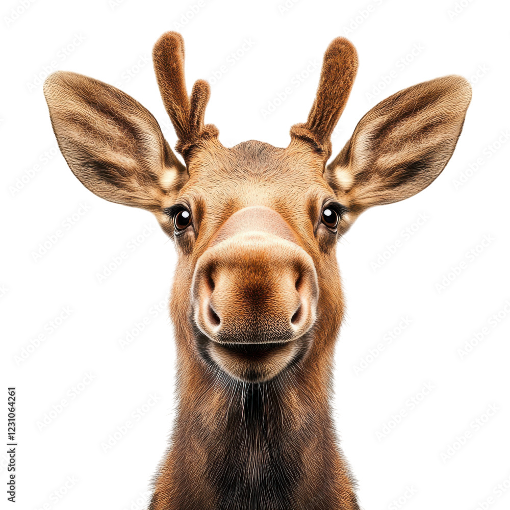 A close-up of a moose displaying its large ears, pronounced nose, and ...