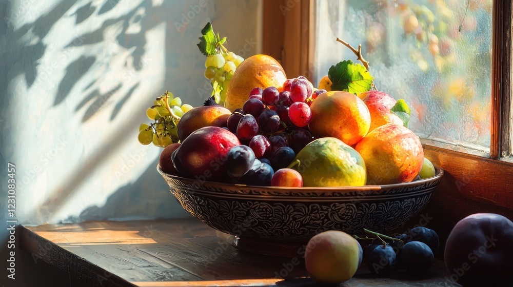 Sunlit Still Life: A Bountiful Harvest of Summer Fruits in an Ornate ...