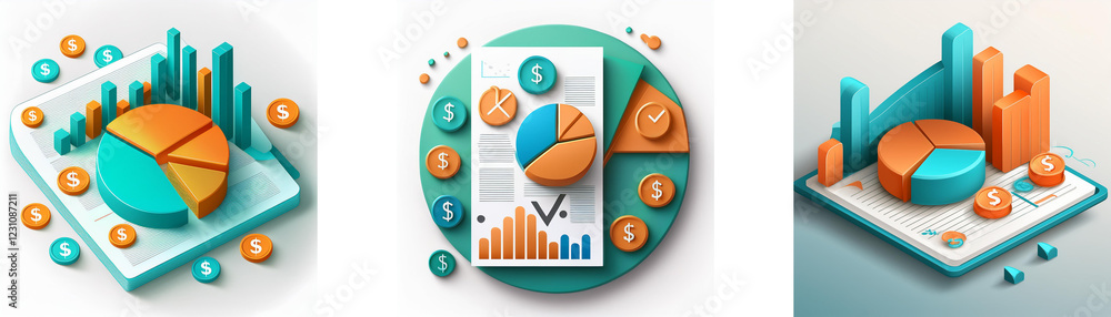 Three isometric illustrations showcase diverse data visualizations: pie ... Three isometric illustrations showcase diverse data visualizations: pie ...