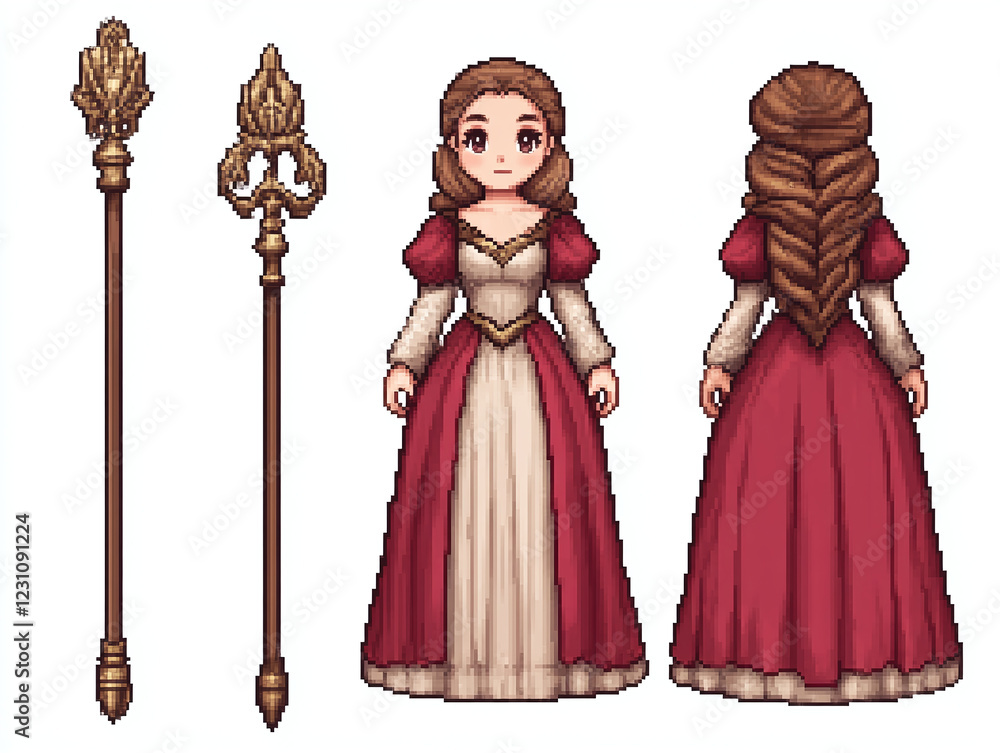 Pixel Art Princess in Medieval Dress with Staff Stock Illustration ...