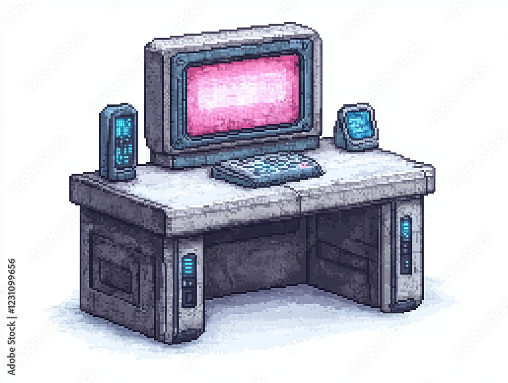 Pixel Art Retro Computer Desk Stock Illustration | Adobe Stock