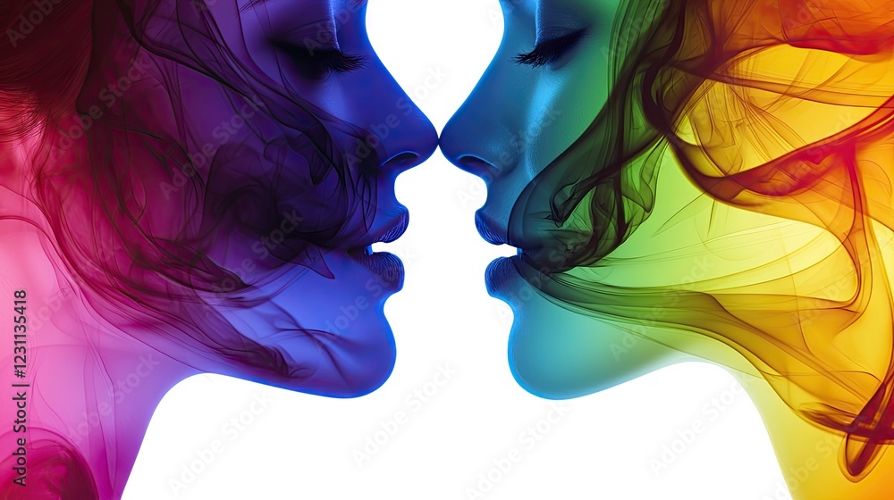 Rainbow smoke portraits, two women kissing, love, romance, abstract ...