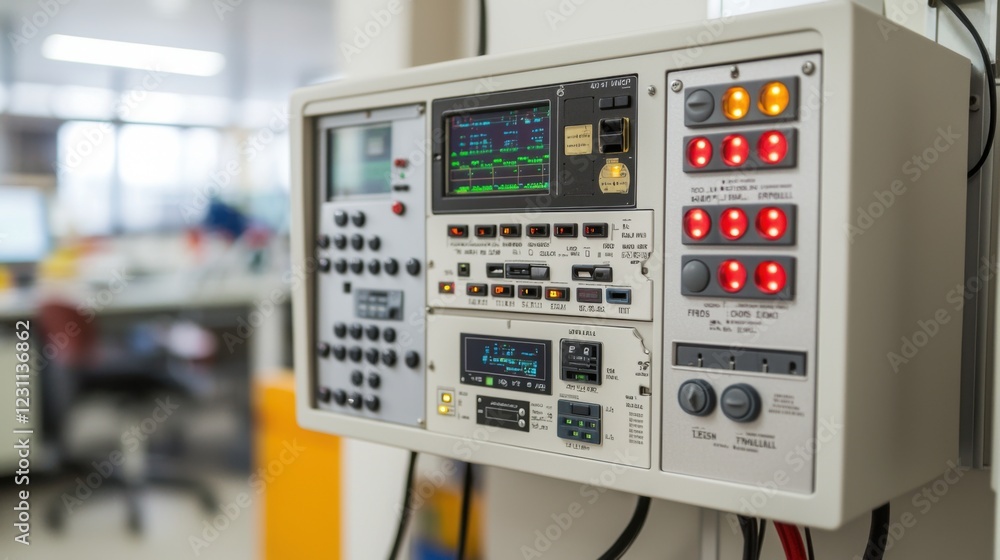 Procedures for fire safety. Control panel with various buttons and ...