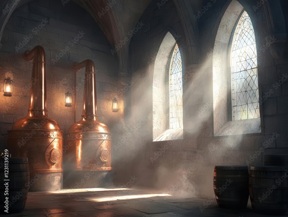 Artistic depiction of a distillery scene with copper pot stills and ...