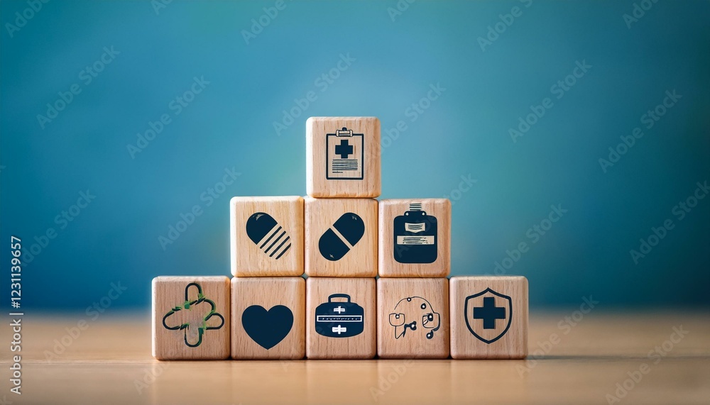 Health insurance and medical care concept. A set of wooden blocks ...