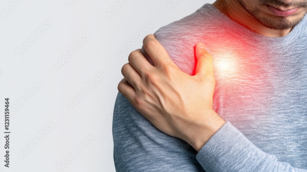 Man holding shoulder in pain with visible red spot, understanding ...