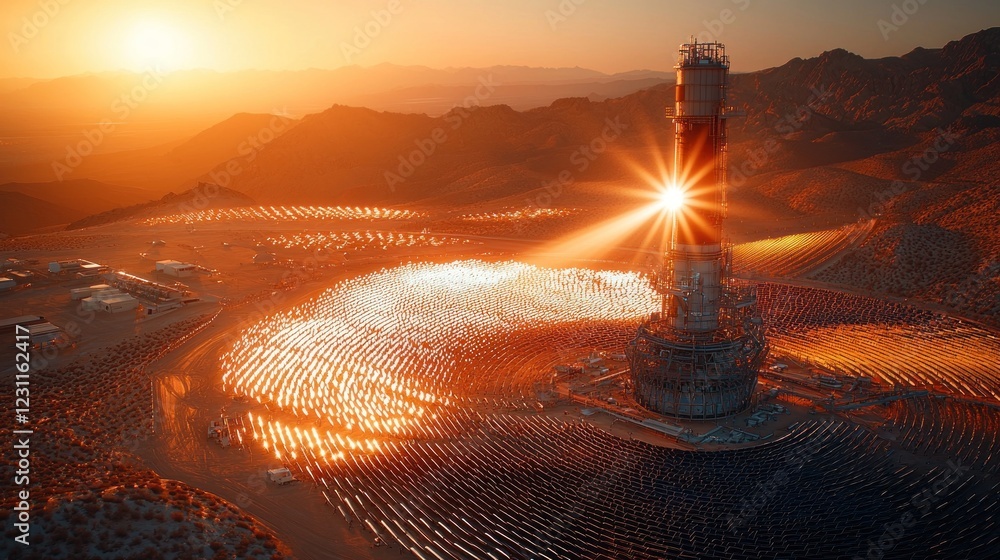 Solar Power Tower at Sunset: Aerial View of a Concentrated Solar Power ...