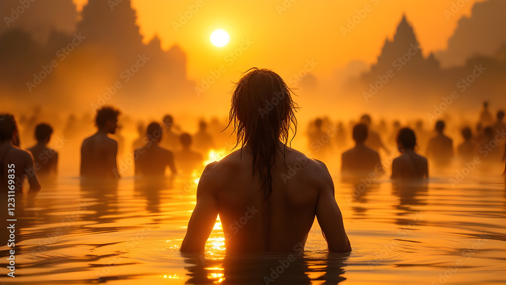 Indian Hindu sadhu taking holy bath in sacred river during Kumbh Mela ...
