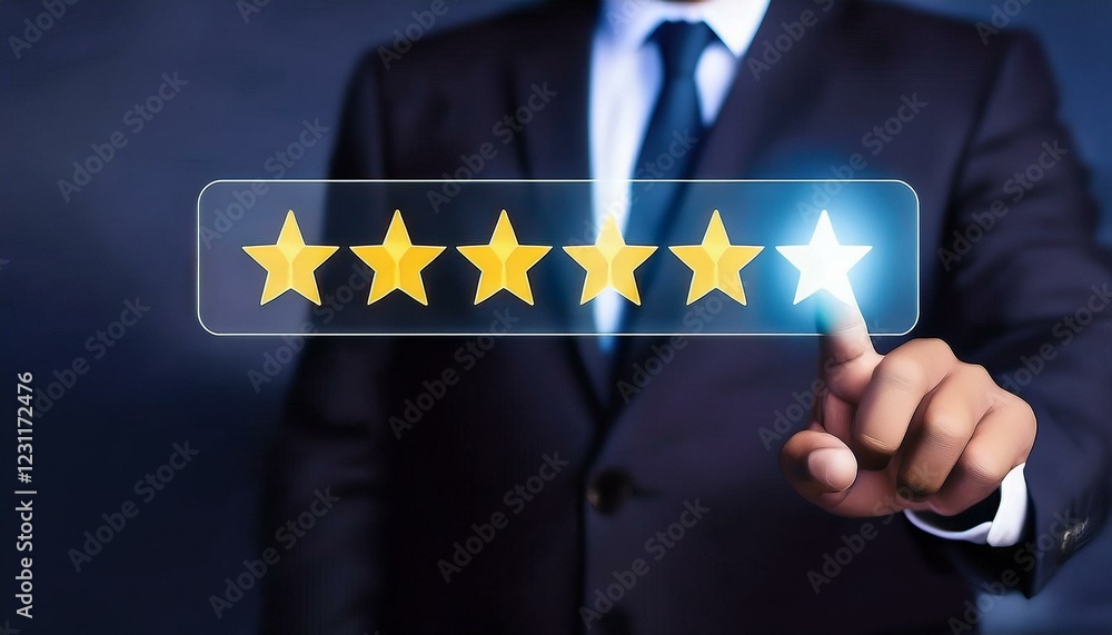 person holding tablet with review. Five star rating review slider bar ...