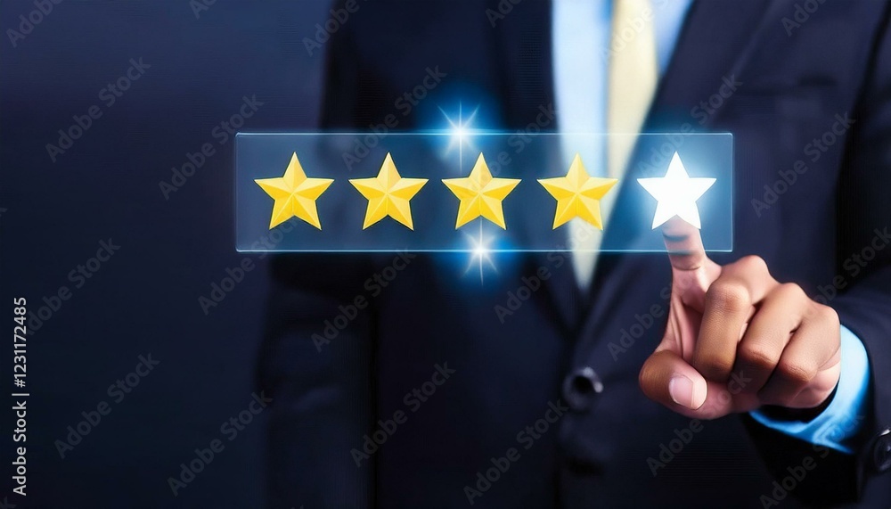 person holding tablet with review. Five star rating review slider bar ...