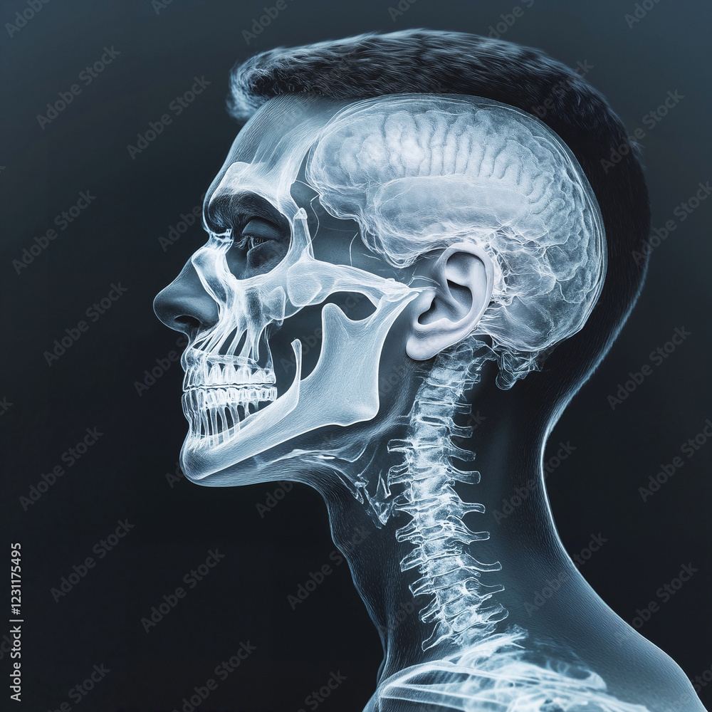 This shows side view of man head and neck x ray style, revealing skull ...