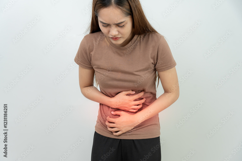 stomach ache. Asian women have abdominal pain, indigestion, gastritis, menstrual cramps ...